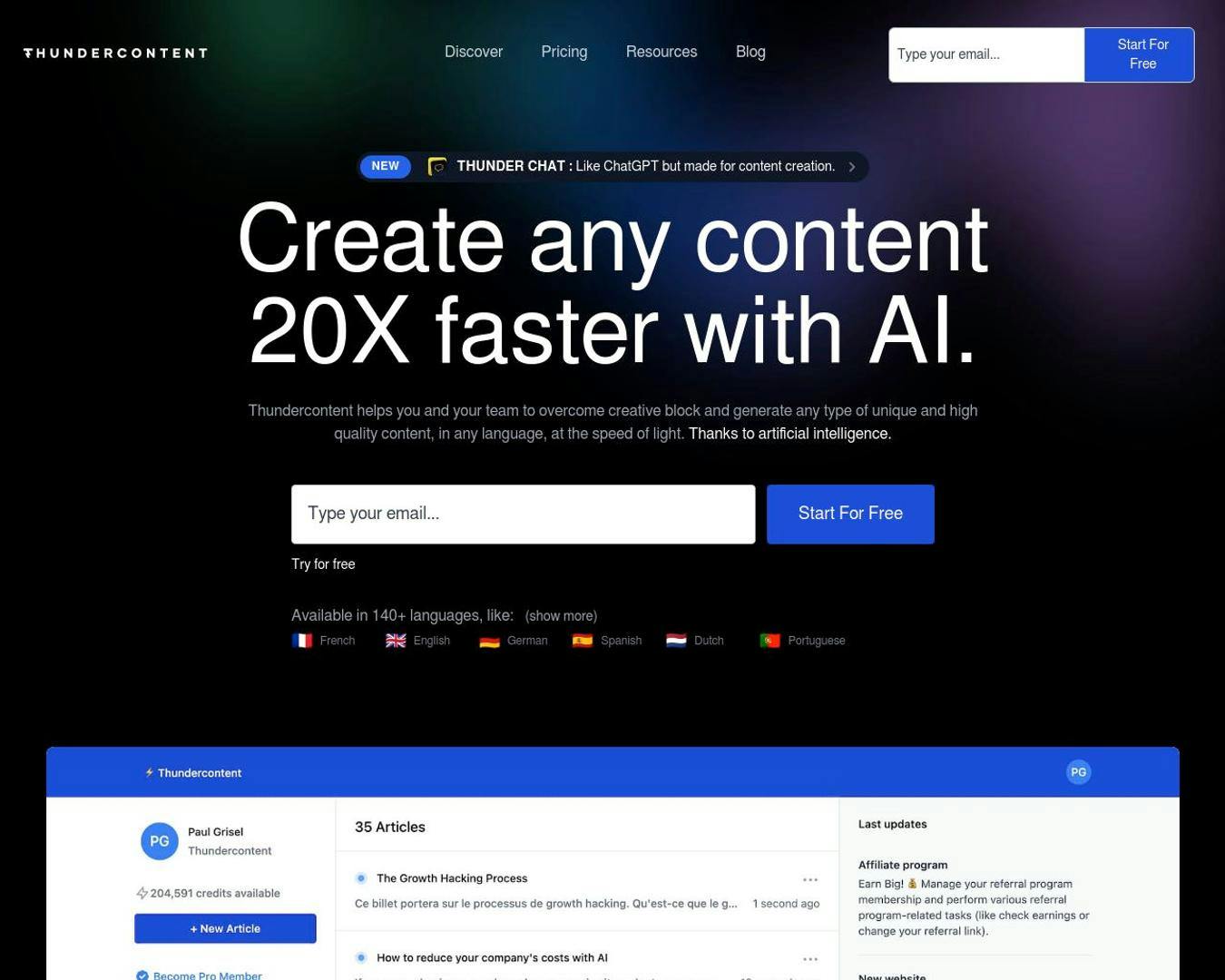 Thundercontent | Create any content 20X faster with AI. | Welcome AI