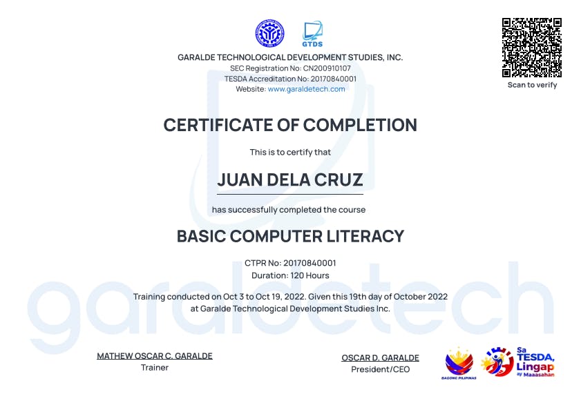 Basic Computer Literacy - GaraldeTech - Tesda Accredited School