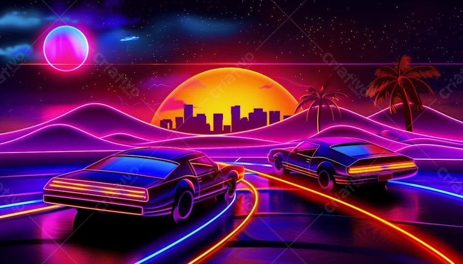 Carro futurista na estrada com luzes neon e um por do sol | imagem ...