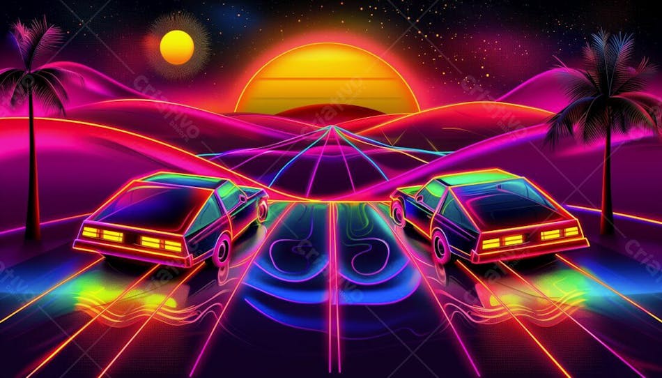 Carro futurista na estrada com luzes neon e um por do sol | imagem ...