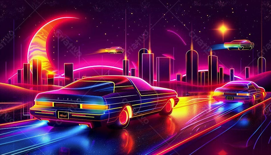 CARRO FUTURISTA NA ESTRADA COM LUZES NEON E UM POR DO SOL | IMAGEM ...