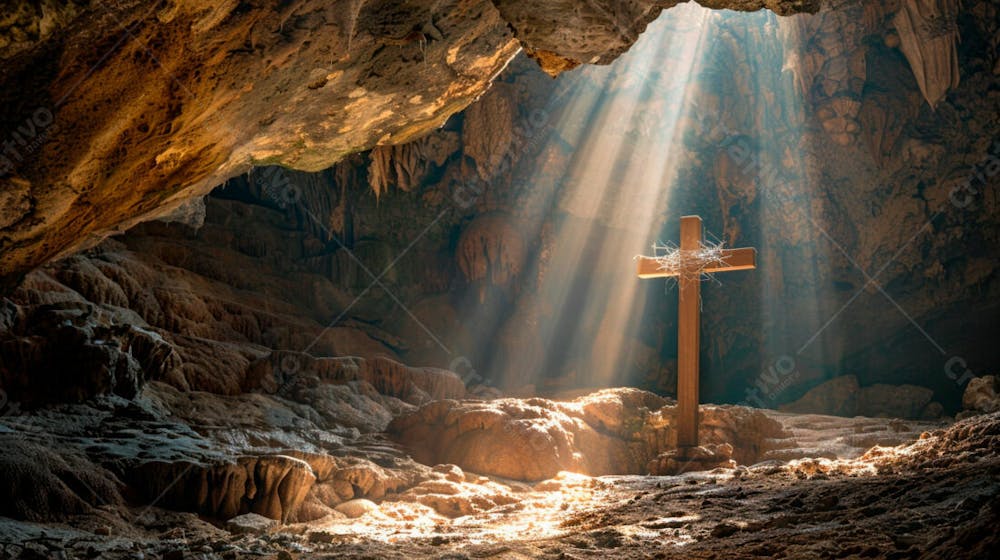 Cruz em Gruta Iluminada Raios Sol | Fotos IA Premium [download]