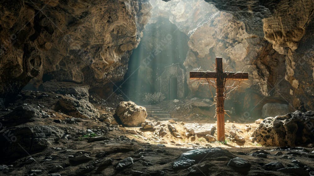 Cruz de madeira em caverna rochosa | Fotos IA Premium [download]
