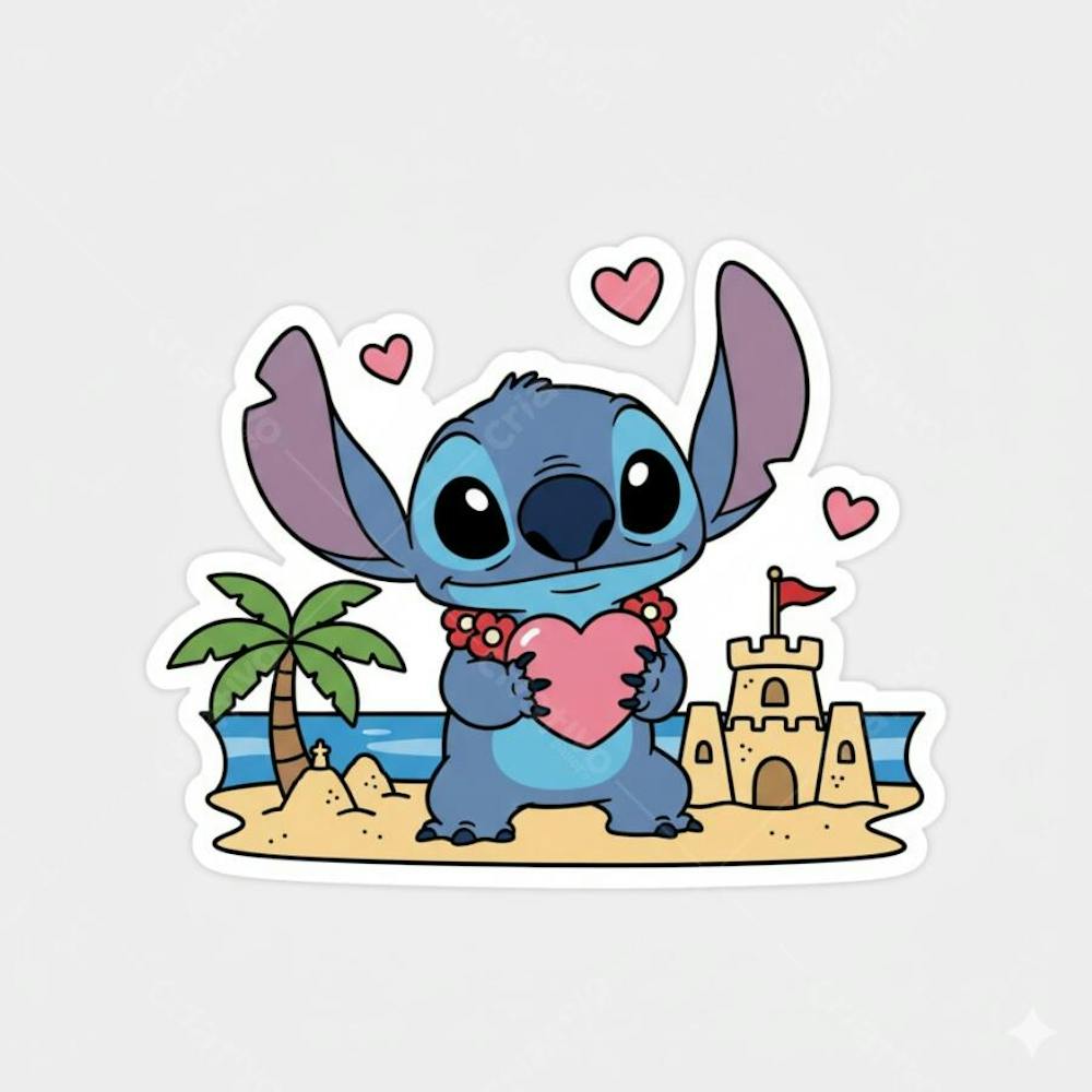 Stitch apaixonado na praia com coração | Fotos IA Premium [download]
