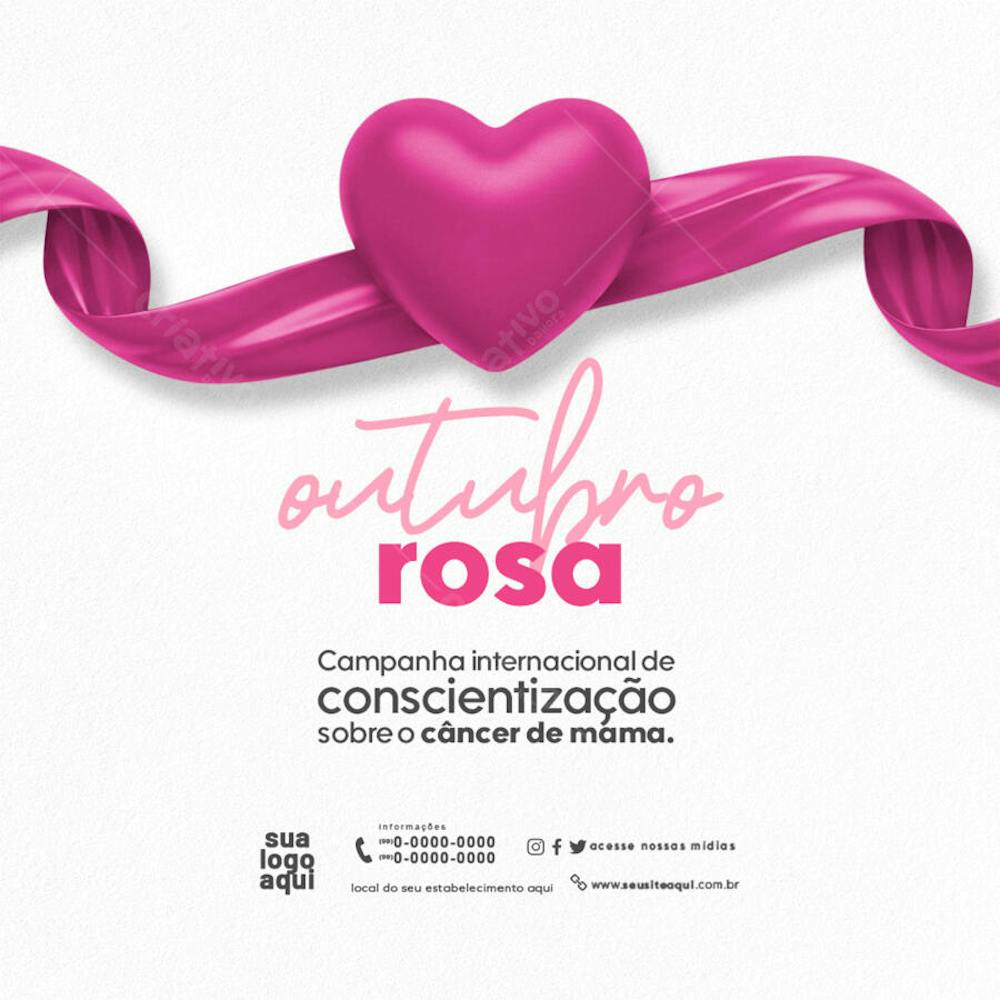 Post Redes Sociais Outubro Rosa com Coração e Fita Rosa PSD Editável ...