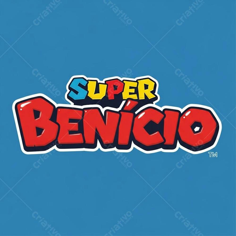 Logo Super Benício letras bolha vermelho amarelo azul em fundo azul ...