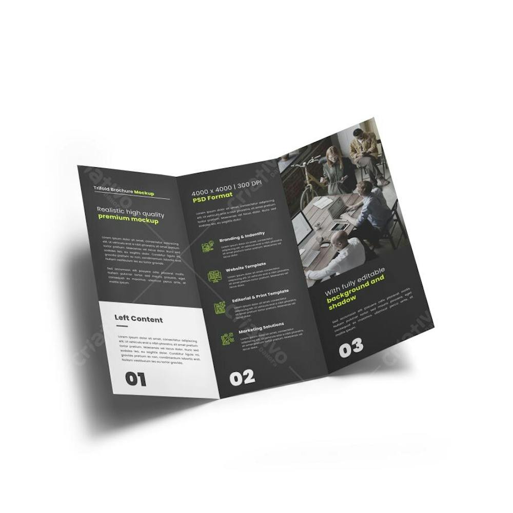 Mockup Folder Tríptico Profissional Cinza Escuro com Equipe de Negócios ...