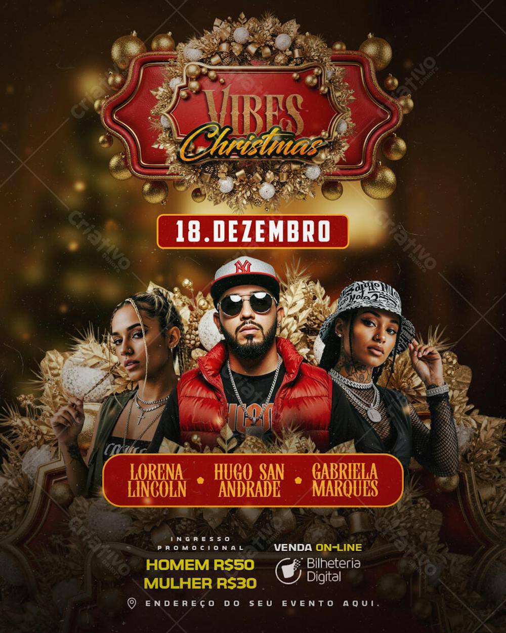 Flyer Evento Vibes Christmas com DJs e Decoração Dourada PSD Editável ...