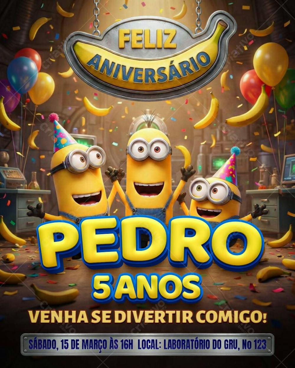 Convite Aniversário Infantil Minions Pedro 5 Anos PSD Editável | PSD ...