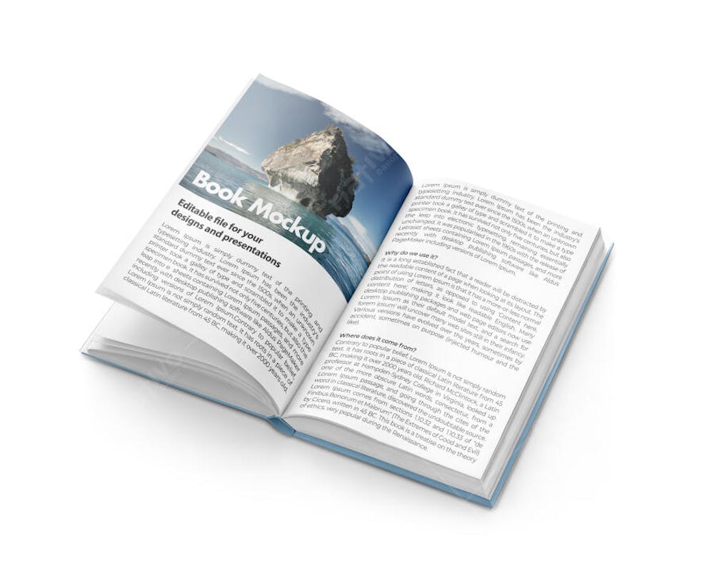 Mockup de Livro Aberto Realista Capa Mar e Rocha Fundo Branco | Mockup ...