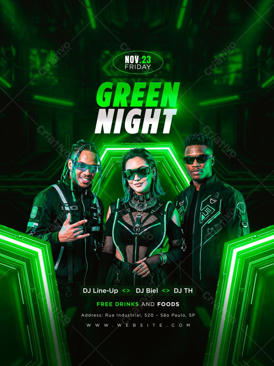 Flyer Festa Green Night Balada Eletrônica PSD Editável — Criativo Dahora