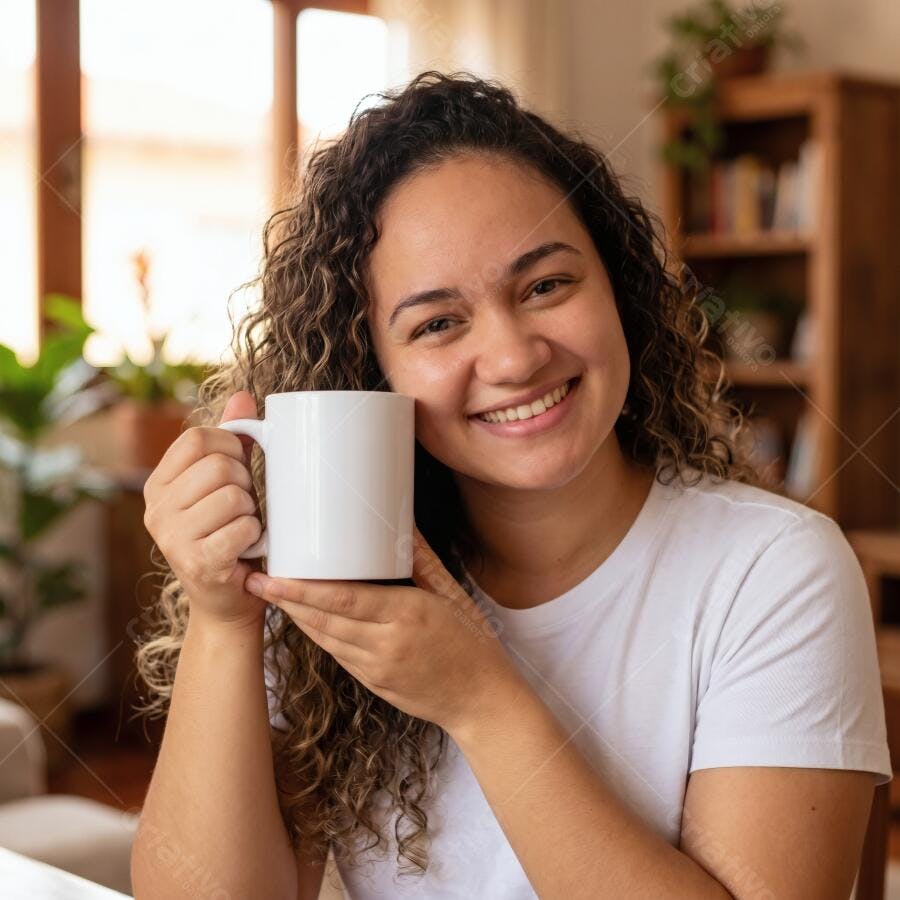Foto Mulher Jovem Sorrindo Segurando Caneca Branca Lifestyle — Criativo ...
