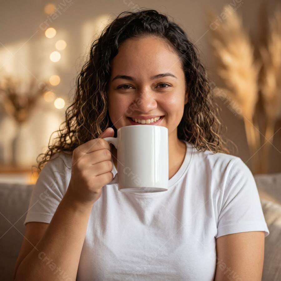 Foto Mulher Jovem Sorrindo Segurando Caneca Branca Lifestyle — Criativo ...
