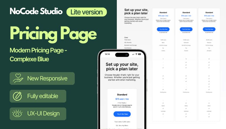 Modern Pricing Page - Blue Template | Bubble