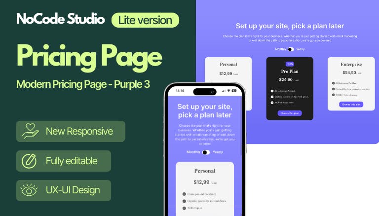 Modern Pricing Page - Purple 3 Template | Bubble