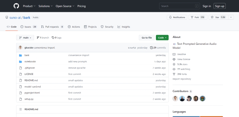 Suno AI Bark: AI Text-Prompted Generative Audio Model Tool